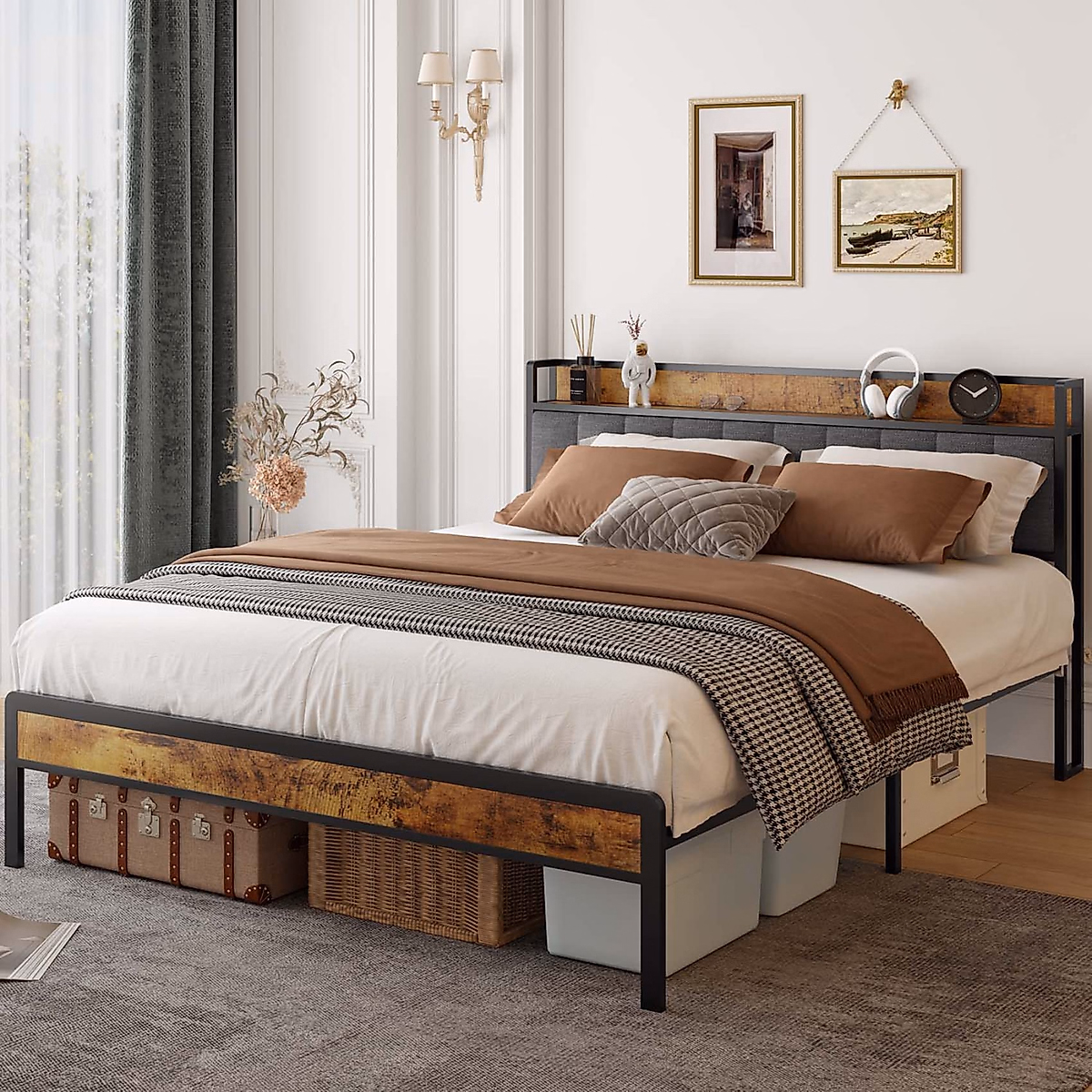 Gizoon Full Platform Bed Frame, Metal Bed Frame with Storage Headboard, Sturdy and Stable, Noise Free, No Box Spring Needed, Easy Assembly