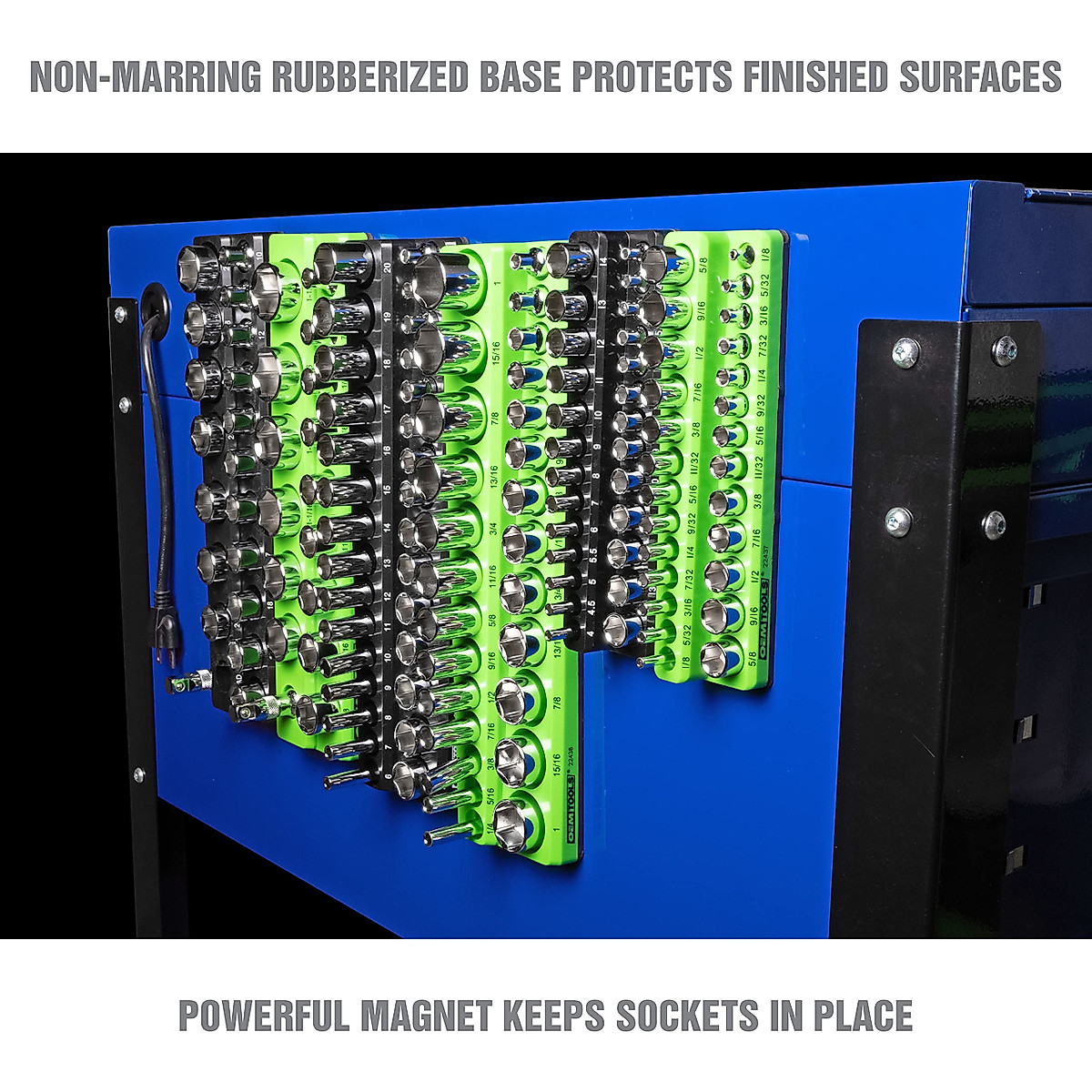 OEMTOOLS 22488 6 Pack Set Metric and SAE Magnetic Socket Tray Set, Black and Green Socket Organizers, 1/4, 3/8, 1/2 Inch Drive Socket Organizer Tray Set