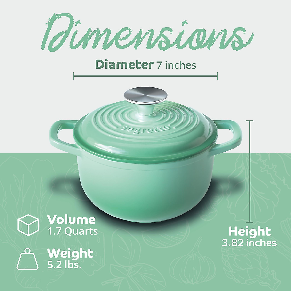 Segretto Cookware Enamel Dutch Oven Cast Iron with Handle Verde Chiaro (Light Green) 1.7 Quarts Enameled Cast Iron Dutch Oven with Lid Oven Cookware Pot 1.7 qt Small Dutch Oven for Bread Baking