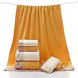 LIONKISS Bathroom Towel, lace Embroidered Bath Towel Set, Super Absorbent Fiber Bathroom Towel, Towel, high-end Gift Box 3 Pieces/Set(Yellow)