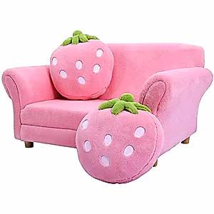 GLACER Kids Sofa with 2 Pillows, Pink Toddler Couch with Wooden Frame and Coral Fleece Surface, Toddler Lounge Bed 2 in 1, Baby Sofa Chair Children Armchair for Girls