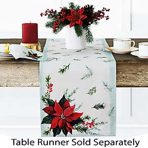 Lintex Holly Bough Stonewashed Border Traditional Christmas Tablecloth, Poinsettia and Holly Sprig Sage, Bordered Xmas Holiday Easy Care Fabric Tablecloth, 60 Inch x 102 Inch Oblong/Rectangle