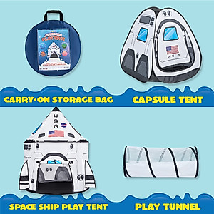 JOYIN White Rocket Ship Pop up Play Tent with Tunnel and Playhouse Kids Indoor Outdoor Spaceship Tent Set