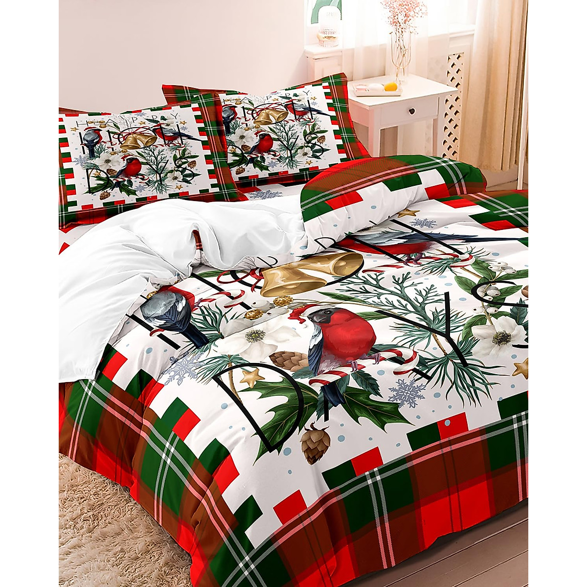 ZIRANSHU Christmas Duvet Cover Queen Size, Holiday Decoration Christmas Theme Bedding Sets Printed with Christmas Elements Such As Pine Cones, Bells, Birds(1 Duvet Cover + 2 Pillowcase)