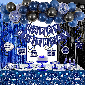 Blue and Black Birthday Decorations for Men Women Boys Girls,Happy Birthday Party Decorations with Happy Birthday Banner, Tablecloth and Fringe Curtains, Party Supplies for Bday Party Decor