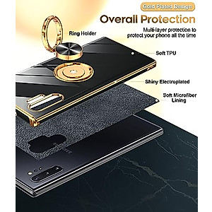LeYi for Samsung Galaxy Note 10 Plus Case 360° Rotatable Ring Holder Magnetic Kickstand, Plating Rose Gold Edge Protective Case, Black