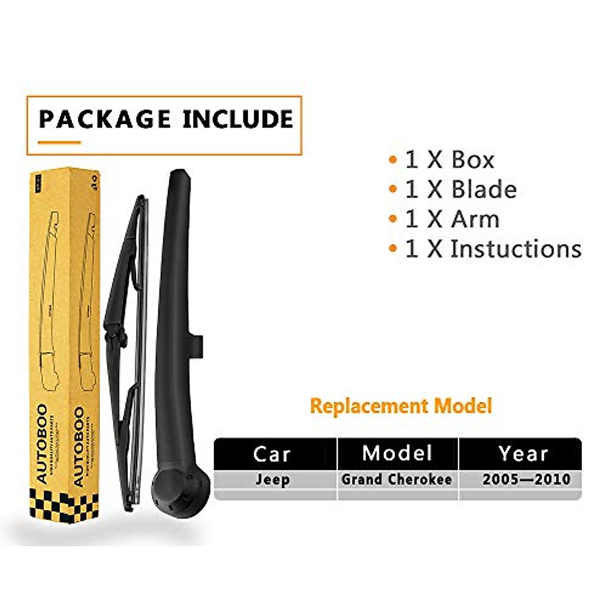 AUTOBOO Rear Wiper Blade Arm Replacement for Jeep Grand Cherokee 2005 2006 2007 2008 2009 2010 With 14 inch Rear Wiper Blade -Original Factory Quality (Pack of 2) OE:05139836AB