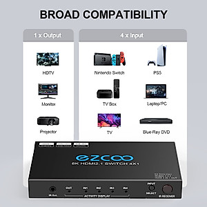 HDMI Switch 8K 4x1 4K 120Hz VRR G/Sync CEC ARC Atmos - HDMI 2.1 Switcher 4 in 1 Out 240Hz 144Hz HDCP Bypass 4 Port Selector,IR Remote for QLED Game Monitor PS5 Xbox PC Mac Window Apple TV Projector