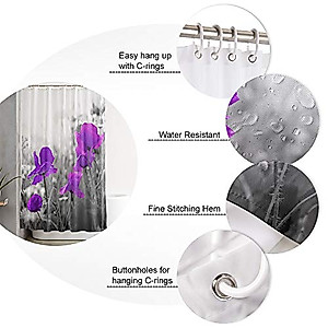 4 Pieces Bathroom Shower Curtain with Mats Set Purple Poppy Floral Grey Botanical Back,Non-slip Bath Rugs Toilet Lid Cover and U-shaped Carpet,Elegant Flower Watercolor Doormats Waterproof Curtains