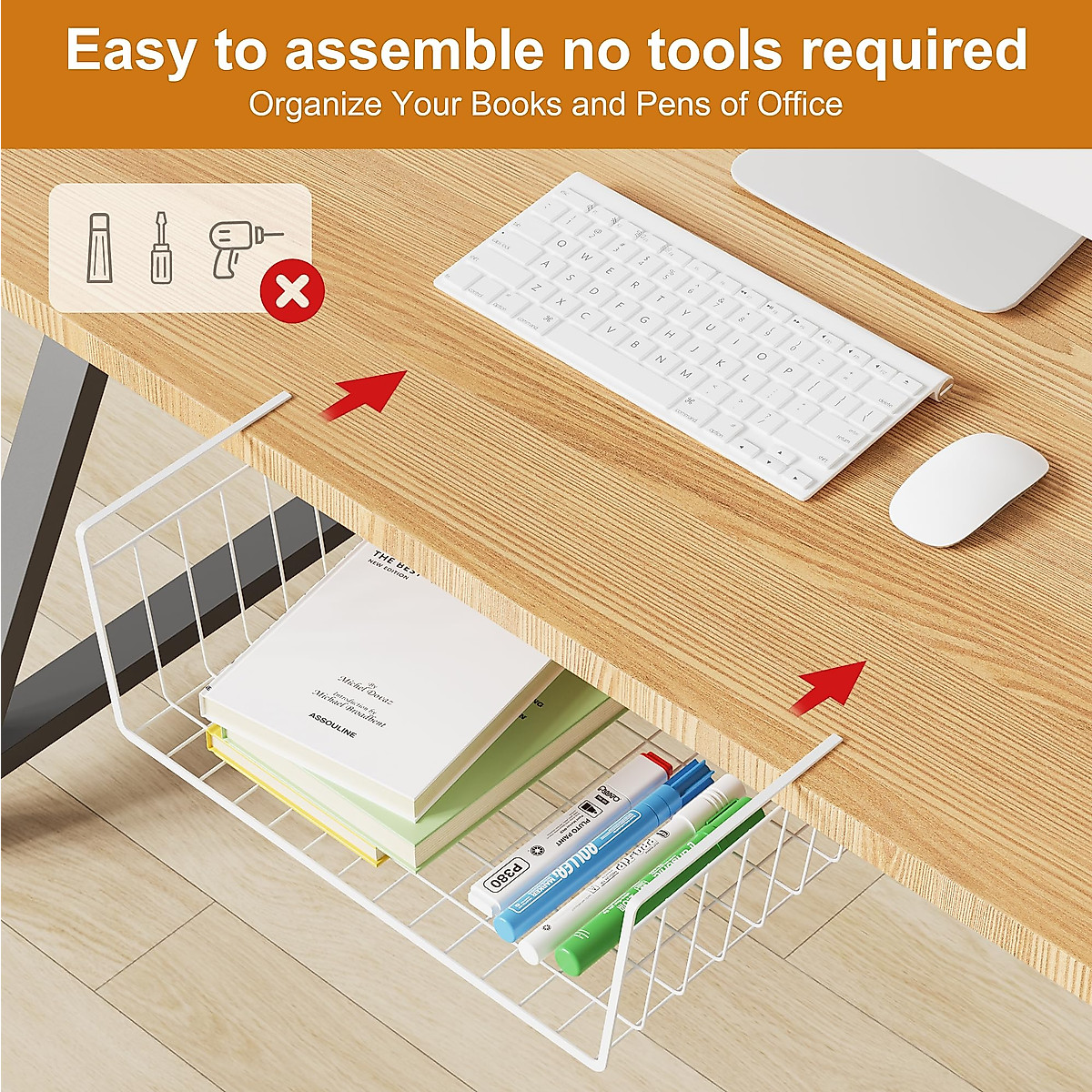 Bellsal Under Shelf Basket, 4 Pack Metal Hanging Wire Shelf Under Shelf Storage, Slides Under Cabinet Shelf, Space Saving for Kitchen Pantry Office Bathroom Bookshelf Under Shelf Organizer, White