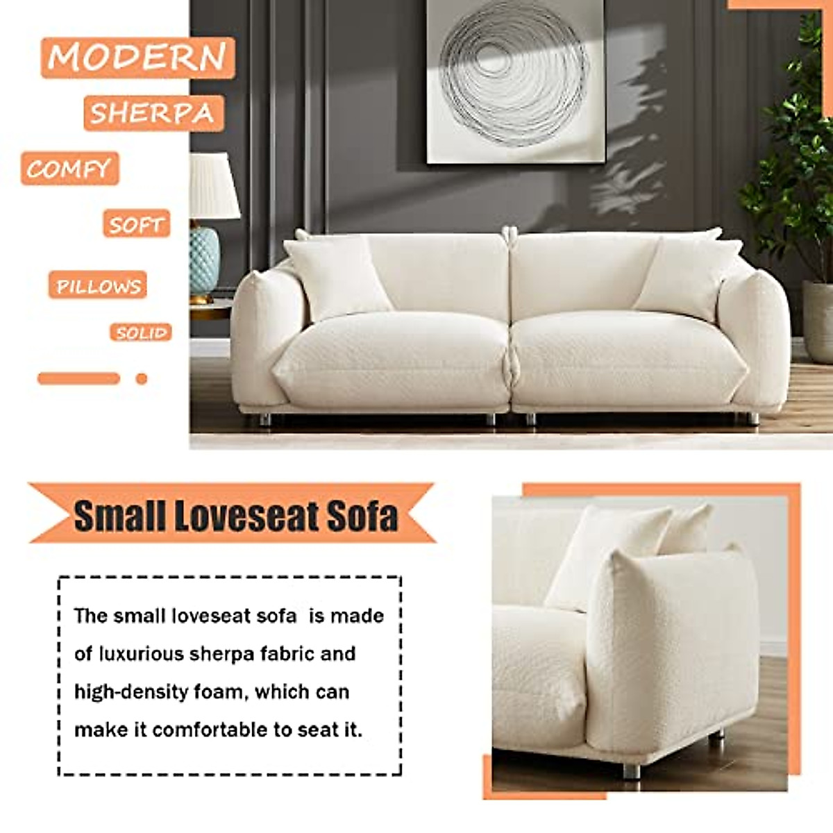 JSCHZ Comfy Couch Loveseat Sofa, Sherpa Teddy Oversized Loveseat Sofa Overstuffed Cloud Couch Extra Deep-Seat-Filled Couch for Small Spaces, Living Room, Apartment, (White)