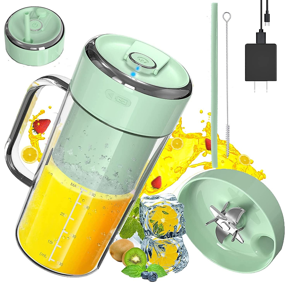 Portable Mini Blender for Shakes and Smoothies,Portable Blender 12oz Personal Blender with Rechargeable USB, Made with BPA-Free Material Portable Juicer, 10 Blades (Green)