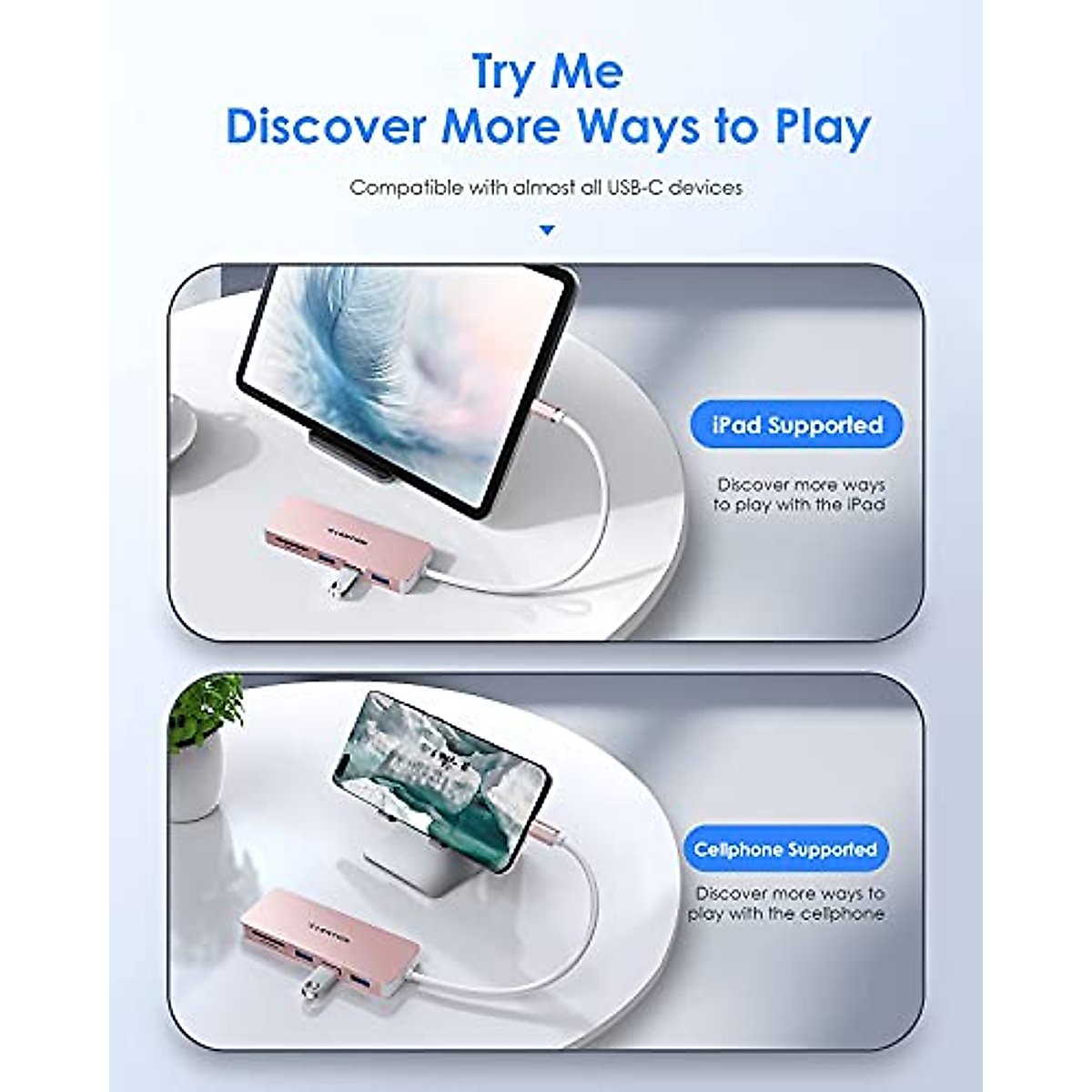 LENTION USB C Hub with 3 USB 3.0 & SD/Micro SD Card Reader Compatible 2022-2016 MacBook Pro, New Mac Air/iPad Pro/Surface, More, Stable Driver Certified Type C Adapter (CB-C15, Rose Gold)