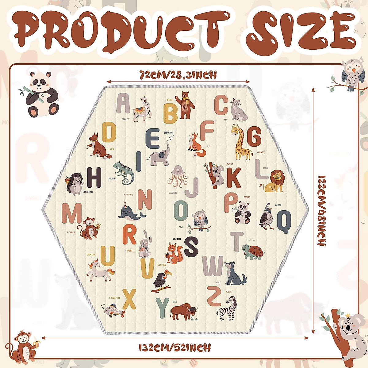 Funtery Woodland Animals Hexagon Playpen Mat Baby Play Mat Foldable Soft Nursery Rug Portable Baby Playmat Washable Comfortable Hexagon Playpen Mattress for Floor Activity Room Indoor Outdoor (Letter)