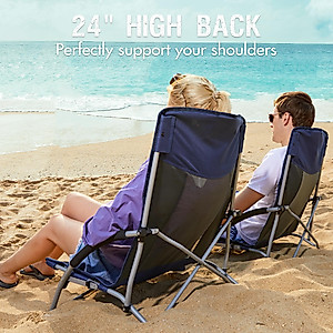 PORTAL Beach Chairs for Adults 2 Pack High Back Low Folding Camping Chair Portable Lightweight with Cup Holder for Travel, Concert, Lawn, Festival, Support 350lbs