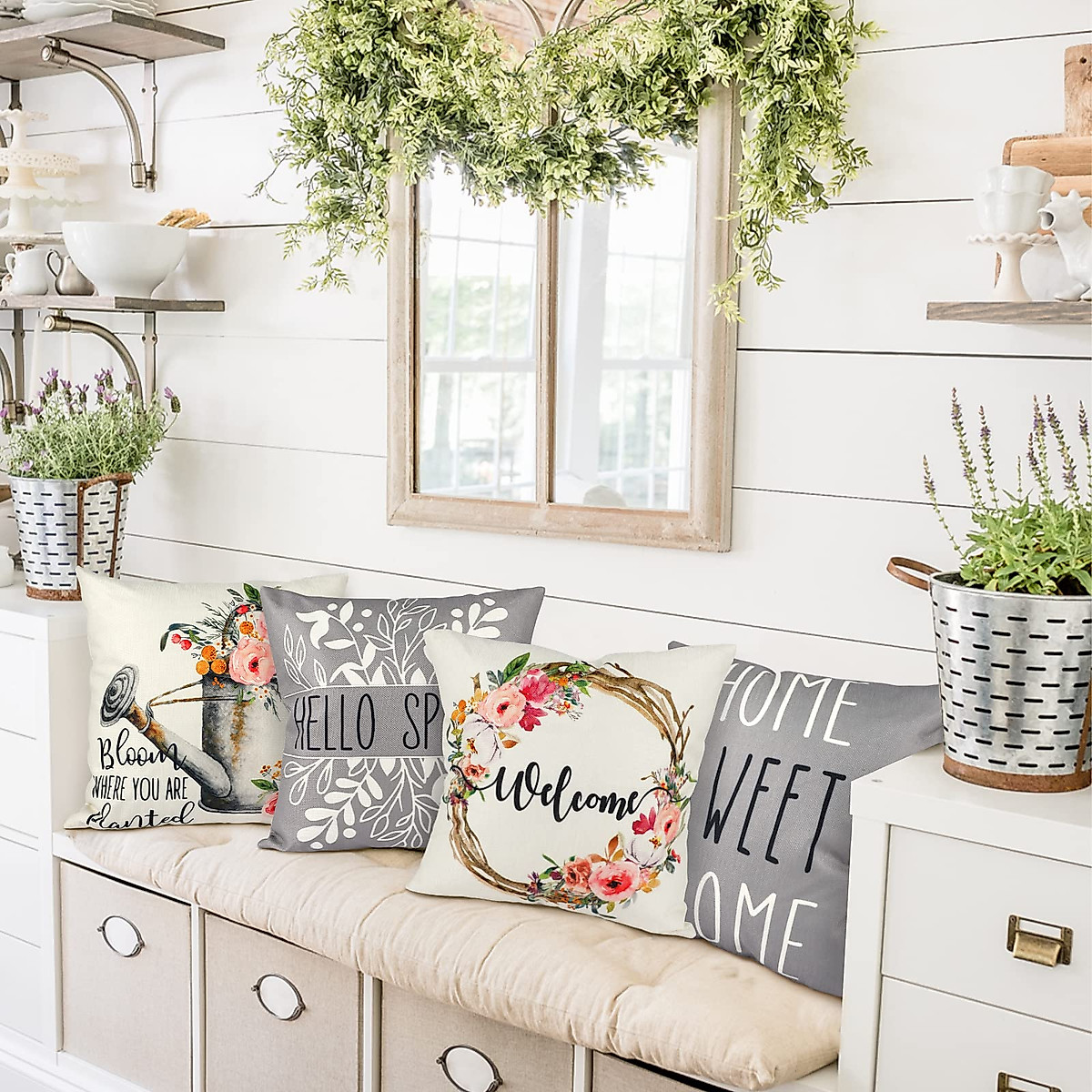 YGEOMER Farmhouse Pillow Covers 18x18 Set of 4, Gray Spring Pillow Covers, Farmhouse Flower Decorative Summer Throw Pillow Covers, Outdoor Home Decor