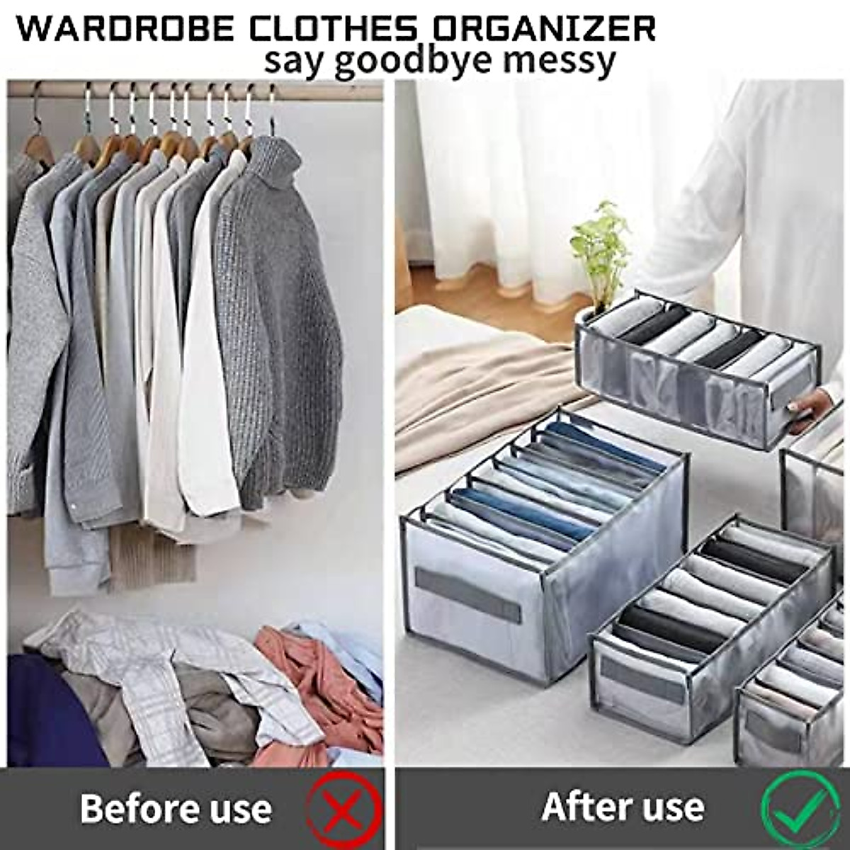Wardrobe Clothes Organizer, 9 Grids Upgraded Washable Closet Grey 4Pcs
