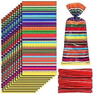 100 Pcs Mexican Fiesta Cellophane Treat Bags Party Favor Bag Cinco De Mayo Party Decorations, Mexican Candy Bags Fiesta Party Bags Goodie Gift Bag for Mexican Party Birthday, with 150 Red Twist Ties