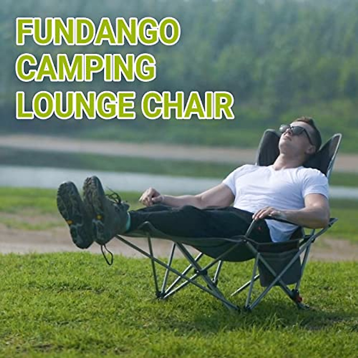 FUNDANGO Reclining Camping Chair 3-Position Adjustable Folding Lounge Chairs with Footrest for Adult Support Up to 300lbs, Suit for Lawn,Office,Backyard,Camping,Concert,Garden(Black/MediumGrey)