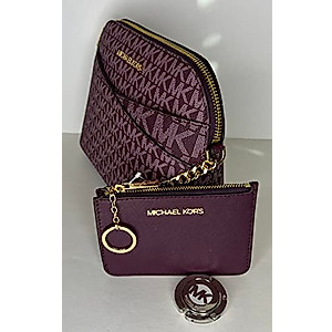 Michael Kors Jet Set Travel MD Dome XCross Crossbody bundled with SM TZ Coinpouch Purse Hook (Signature MK Bordeaux/Bordeaux)