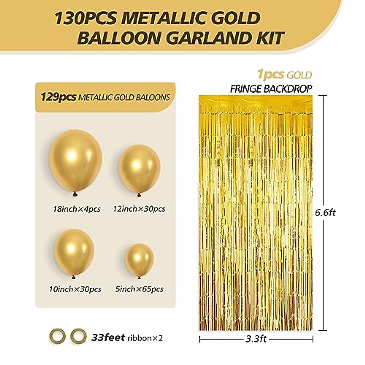 FOTIOMRG 130pcs Metallic Gold Balloon Garland Arch Kit with Fringe Backdrop, 18 12 10 5 inch Chrome Gold Latex Balloons Different Sizes Pack for Engagement Baby Shower Halloween Wedding Birthday Party Decorations