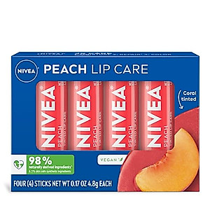 NIVEA Peach Lip Care, Tinted Lip Balm Pack with Shea Butter, Nourishing Oils and Vitamin C & E, 3-in-1 Moisture, Repair and Color, 0.17 Oz Stick, Pack of 4