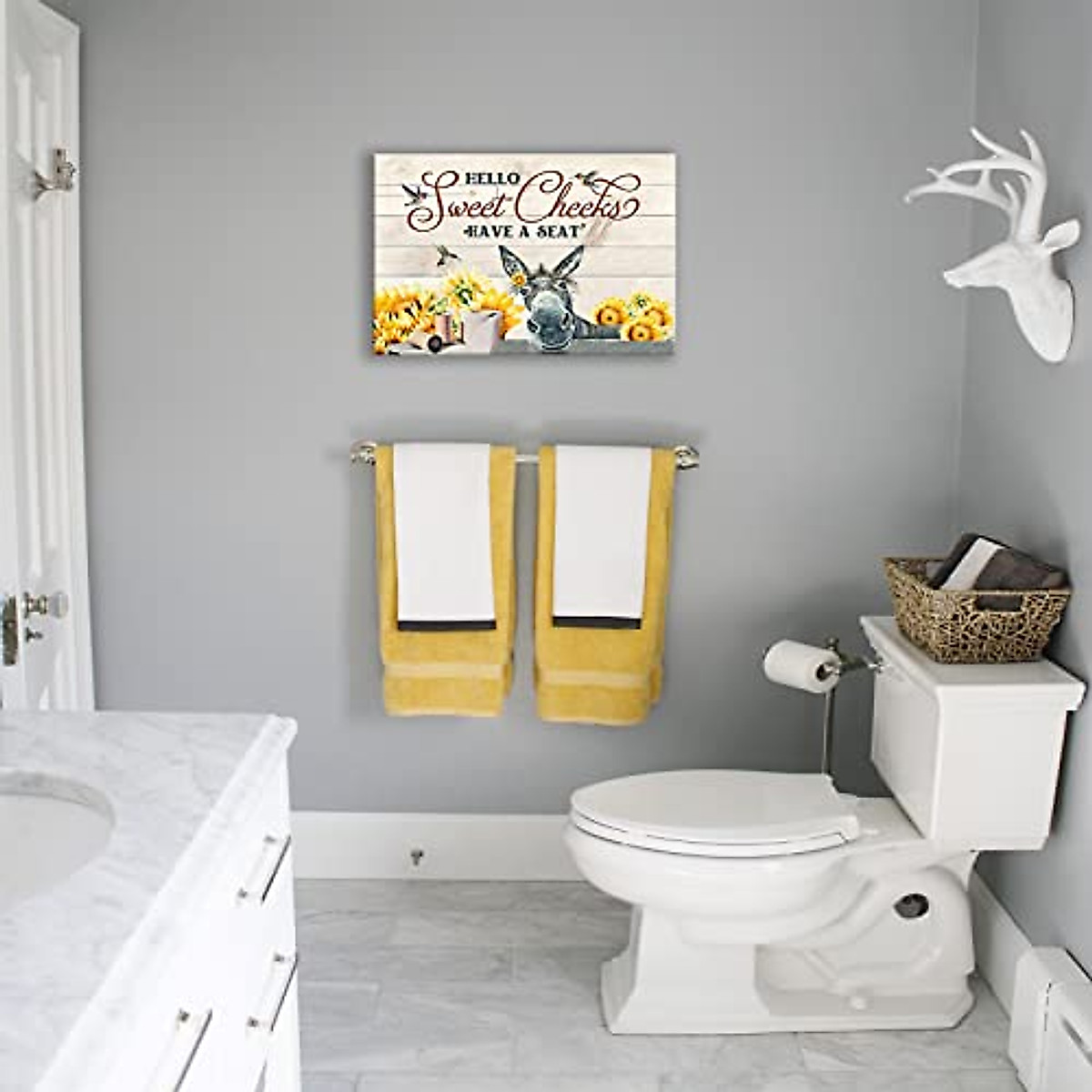 Farmhouse Donkey Wall Art for Bathroom Funny Donkey Birds Wall Decor Have a Seat Sunflower Pictures Print Painting Rustic Farm Flower Framed Artwork Canvas Home Decor for Bedroom Living Room 12"x16"
