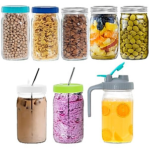 Mason Jars 32 oz (14pc Set) Multi-Purpose Wide Mouth Mason Jars 32 oz |Use Quart Mason Jars as Mason Jar Pitcher, Breastmilk Pitcher, 32 oz Mason Jars, Juice Pitcher or Canning Jars 32 oz -Leakproof