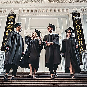 Whaline Graduation Hanging Banner, Graduation Porch Sign Backdrop Congrats Graduation Party Decorations for Home School Wall Door Yard Apartment (Black, Gold and White)