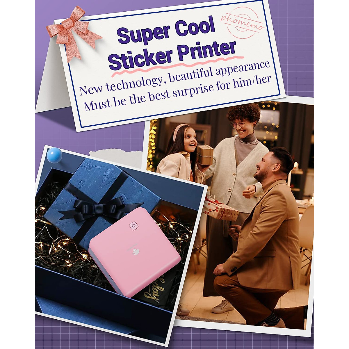 Memoking Inkless Sticker Printer - 300dpi M02Pro Thermal Mini Printer for Phone, Bluetooth Sticky Note Printer, Portable Pocket Printer Machine - Pink Mini Photo Printer for DIY, Study Notes