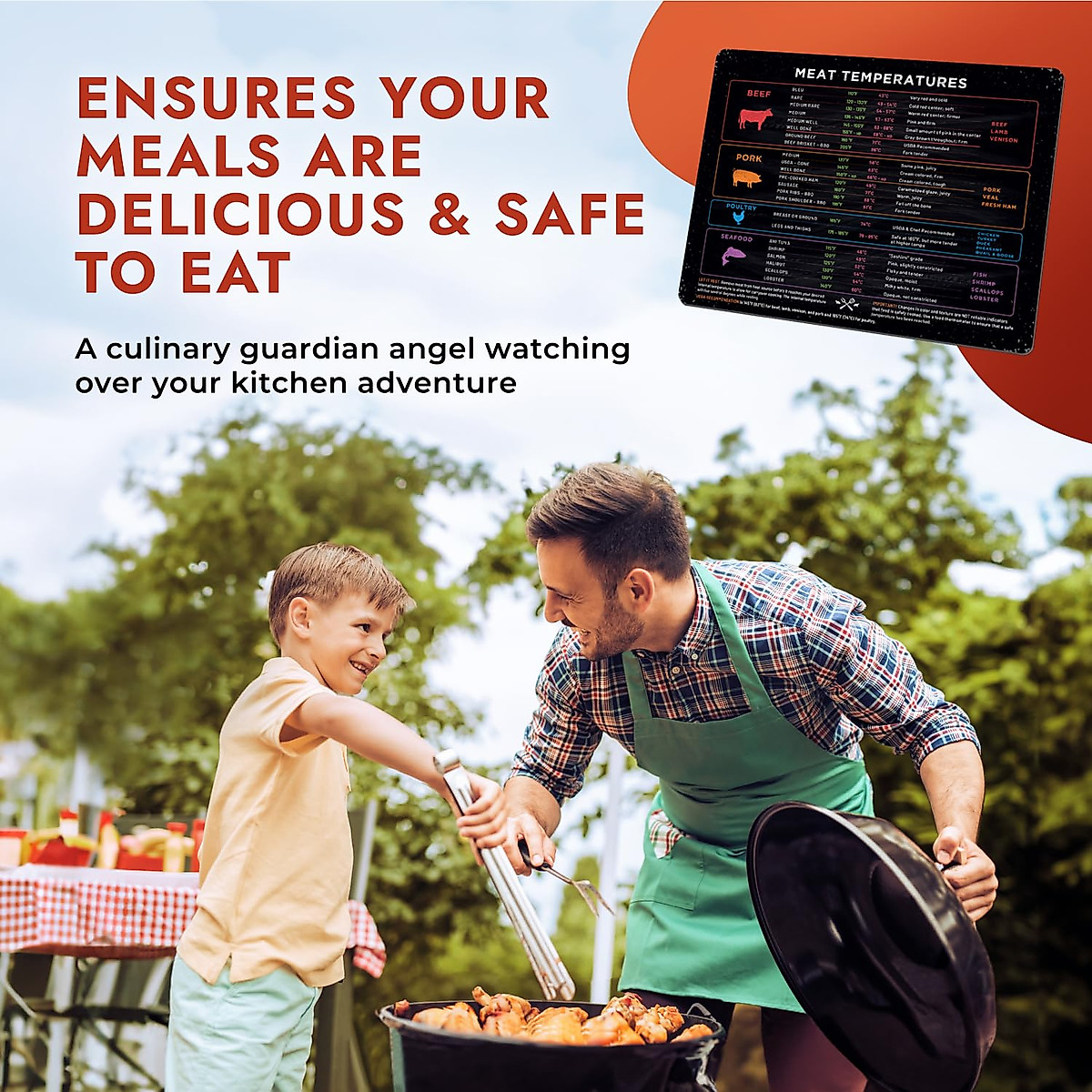 Levain & Co Meat Temperature Magnet - Beef, Poultry, Fish & Pork Cooking Temperature Chart - Horizontal Meat Temperature Chart - Meat Temp Magnet Kitchen Tools Cooking Gadgets - Fridge Accessories