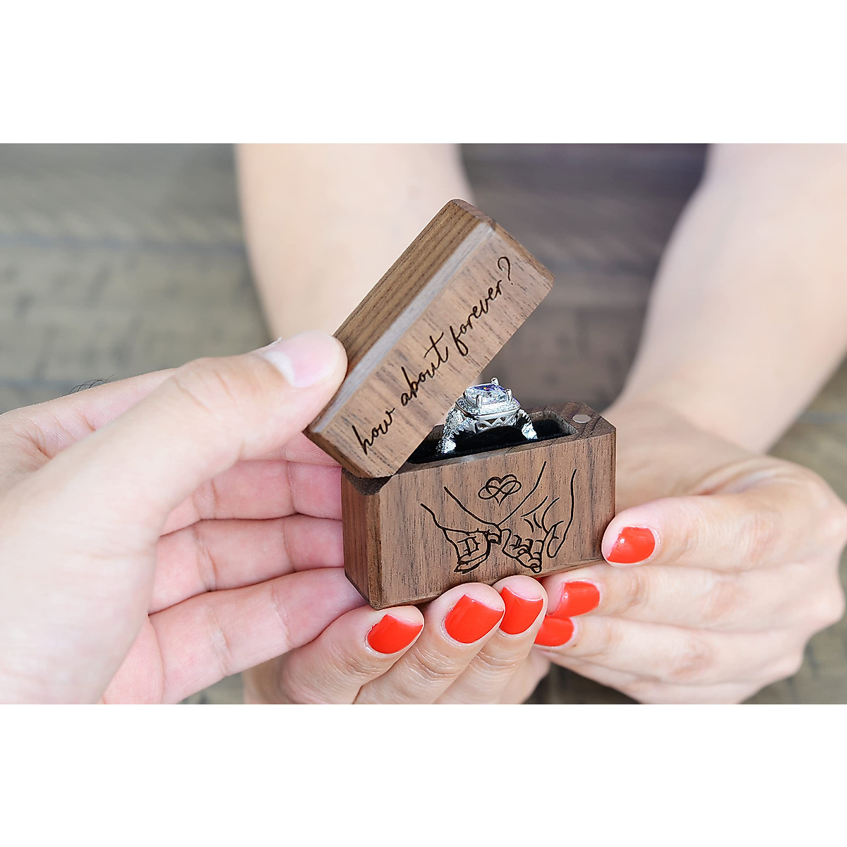 URBAN KRAFTS Engagement Ring Box for Proposal Slim Pocket Size Walnut Wooden Lighter Ring Box Engraved (How About Forever Pinky Promise)