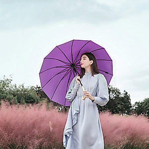 MRTLLOA 52 Inch Windproof Large Umbrellas for Rain, 16 Ribs, J Wooden Handle, 210T High-density Fabric Golf Stick Umbrella(52 Inch, Purple)