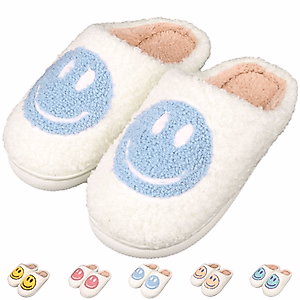 ZICKYO Kids Slippers Boys Girls Cute Happy Face House Slippers Warm Soft Plush Non-Slip Indoor Outdoor Slip-on Shoes White Blue 2-2.5 Little Kid