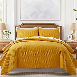 Lavsiry Mustard Yellow Quilt Queen Size with Striped Pattern, Lightweight Soft Summer Thin Microfiber Bedspread & Coverlet Bedding Set for All Seasons - 3 Piece(1 Quilt, 2 Pillow Shams)