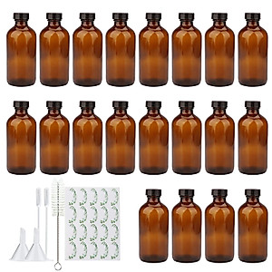 Maredash 8oz Amber Glass Bottles, 20 Pack Glass Storage Bottles with Black Lids (Brown, 20 Labels, with Funnels, Droppers and Brush)