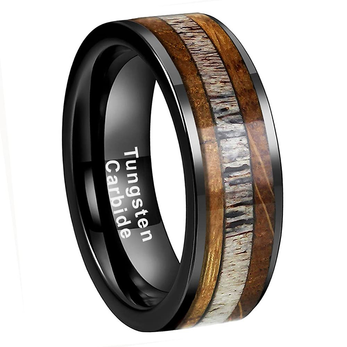 LUXUBANDS 8mm Black Tungsten Rings for Men Women Engagement Wedding Bands Whisky Barrel Wood Deer Antler Inlay Flat Polished Shiny Comfort Fit Size 11