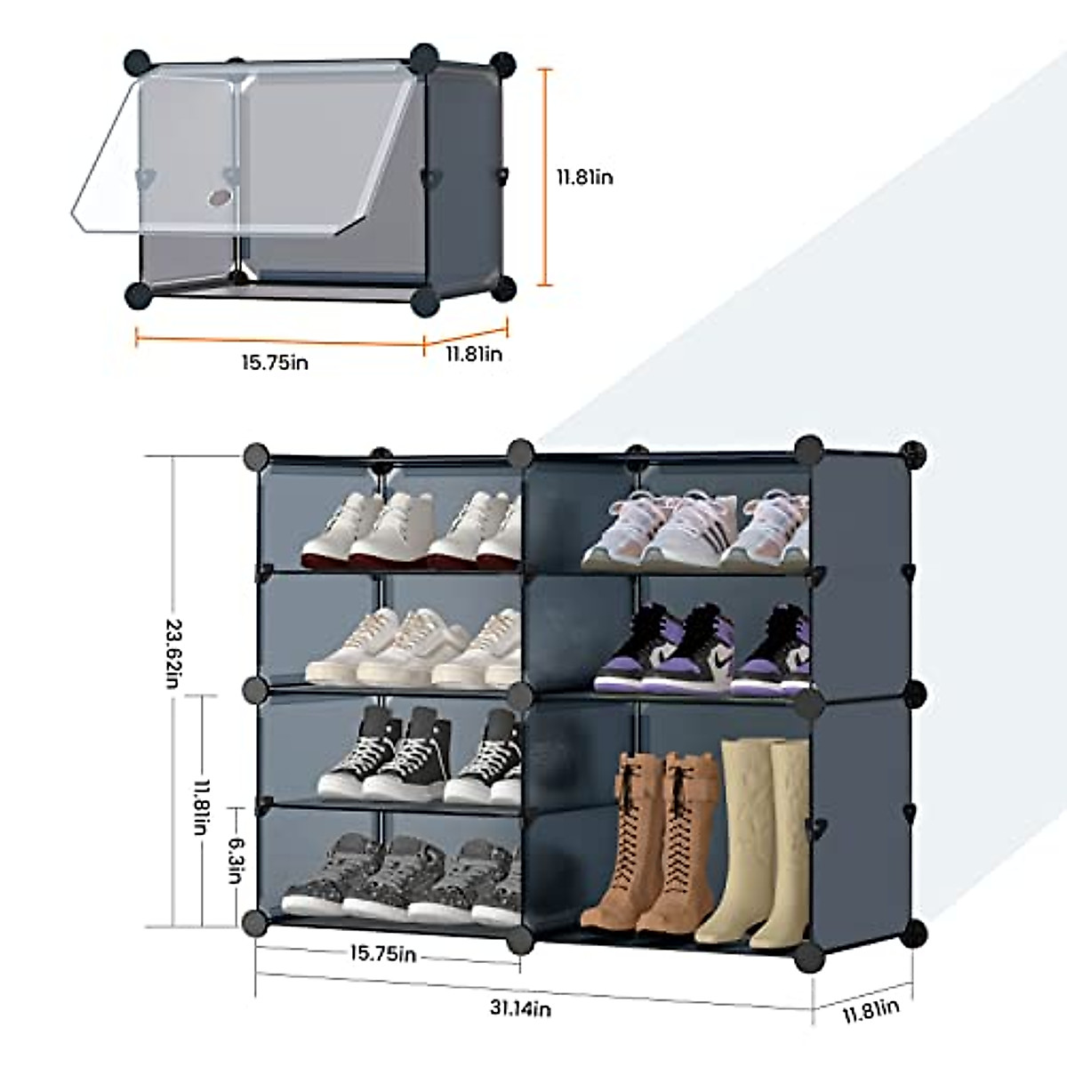 UNZIPE Shoe Rack Organizer, 48 Pairs Shoe Organizer for Closet, Stackable Covered Shoe Rack Shoes Shelves Shoe Storage Cabinet for Closet Entryway Bedroom Hallway, Premium Grey