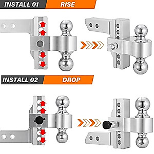 SUNJOXOM Adjustable Trailer Hitch, Ball Mount, Fits 2-Inch Receiver, 6-Inch Drop Hitch, 12,500 LBS GTW, 2" and 2-5/16" Stainless Steel Tow Balls, Aluminum Tow Hitch with Double Anti-Theft Pins Locks