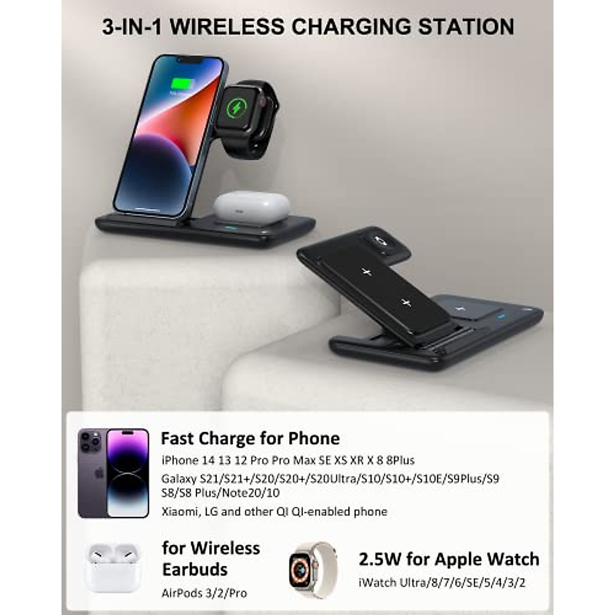 Wireless Charging Station, 3 in 1 Wireless Charger Compatible with iPhone 14/13 Pro/13/12/11/Pro/SE/XS/XR/X/8 Plus/8, 18W Wireless Charging Dock Stand for Apple Watch Series & Airpods (with Adapter)