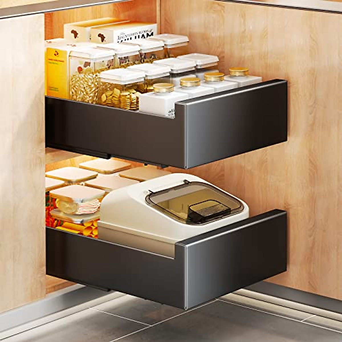 Pull Out Cabinet Organizer Fixed With Adhesive Nano Film,Heavy Duty Storage and Organization Slide Out Pantry Shelves Sliding Drawer Pantry Shelf for Kitchen,Living Room,Home, 11.8"W x16.9"D x 3.1"H