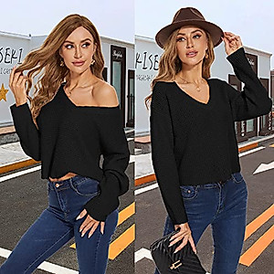 Jumppmile Womens V Neck Long Sleeve Tops Crop Waffle Knit Cropped Casual Loose Pullover Crop Sweater Black XL
