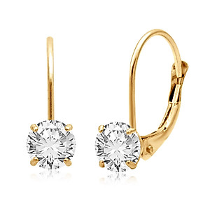 Jewelili 10k Yellow Gold 6mm White Round Cubic Zirconia Leverback Earrings