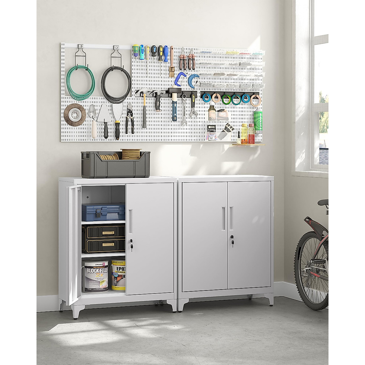 SONGMICS Garage Cabinet, Metal Storage Cabinet with Doors and Shelves, Office Cabinet for Home Office, Garage and Utility Room, Grey UOMC013G01