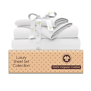 Tissaj Organic Cotton Sheets King Size – Ultra White – GOTS Certified – Durable Luxury Quality – Extra Deep Pockets & Secure Fit – Premium Bedding – Sateen Weave – with Carry Pouch – Set of 4