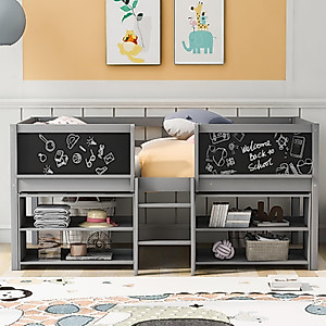 Low Loft Bed with 2 Movable Storage Shelves, Twin Size Bed Frame with Chalkboard and Ladder, Wood Loft Daybed for Kids, Boys, Girls, Teens, No Spring Box Required, Gray