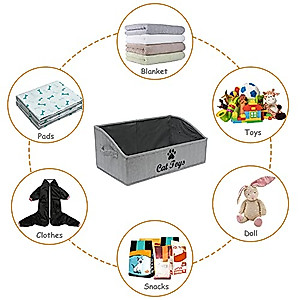 Geyecete Large cat Toy Box Storage Box - Foldable Cotton and Linen Trapezoid Organizer Boxes with Handle, Collapsible Basket for cat Toys-CAT-Striped Gray