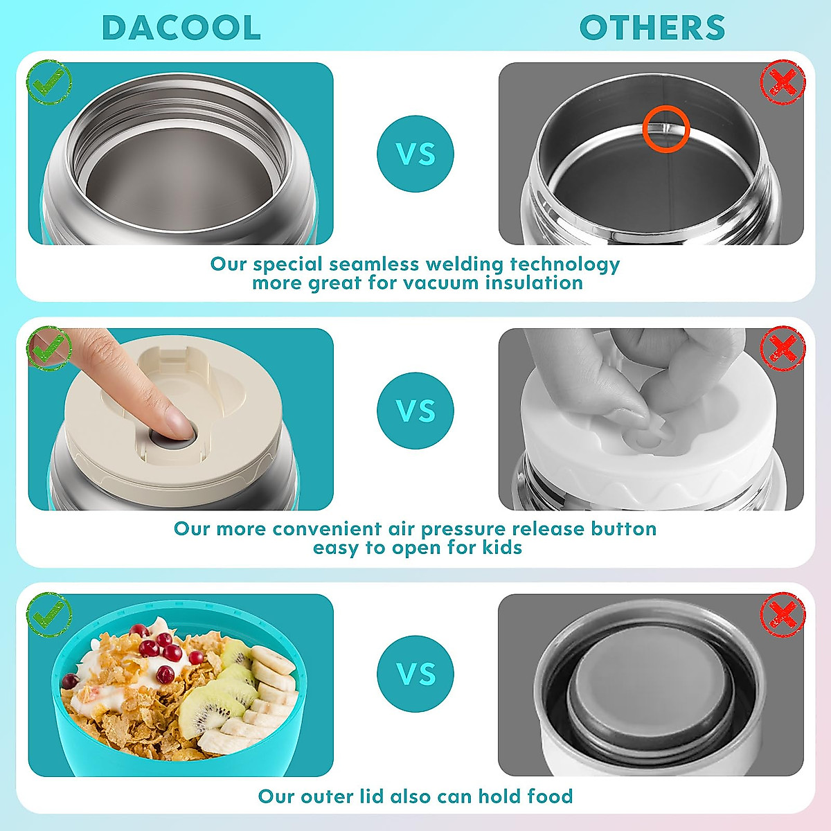 DaCool Insulated Lunch Container Hot Food Jar 16 oz Stainless Steel Vacuum Bento Lunch Box for Kids Adult with Spoon Leak Proof Hot Cold Food for School Office Picnic Travel Outdoors - Cyan Blue