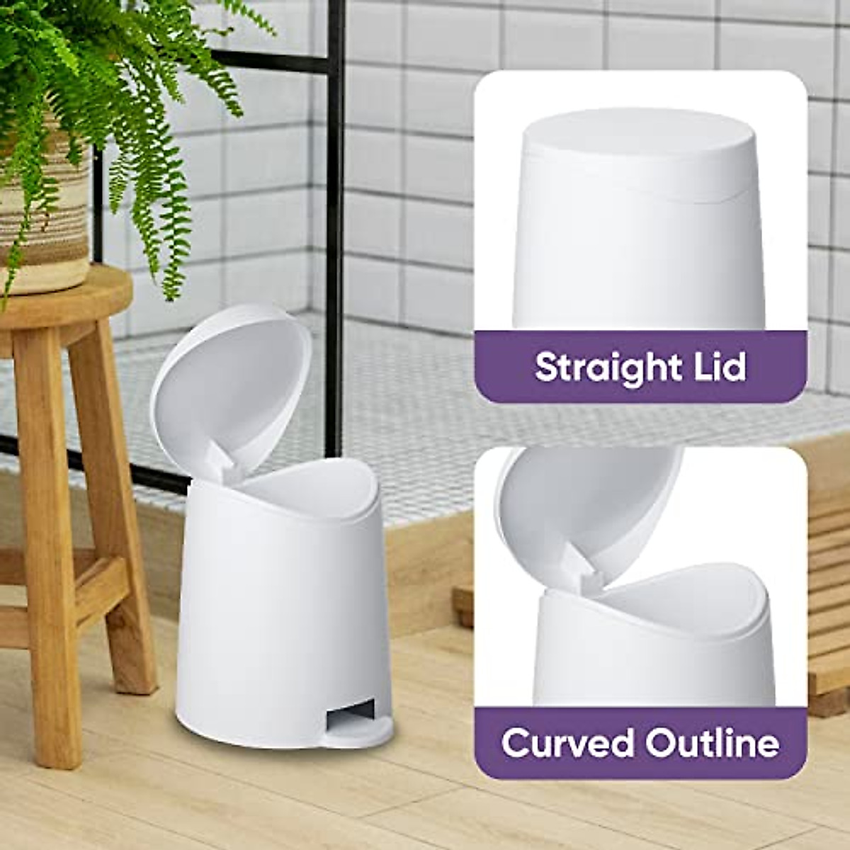 Superio Small Trash Can with Lid 3 Lite, Plastic Mini Waste Bin 0.75 Gallon, Modern Flat Lid Step Trash Can with Foot Pedal, Bathroom, Bedroom, Office, Under Desk, Soft Close (White)