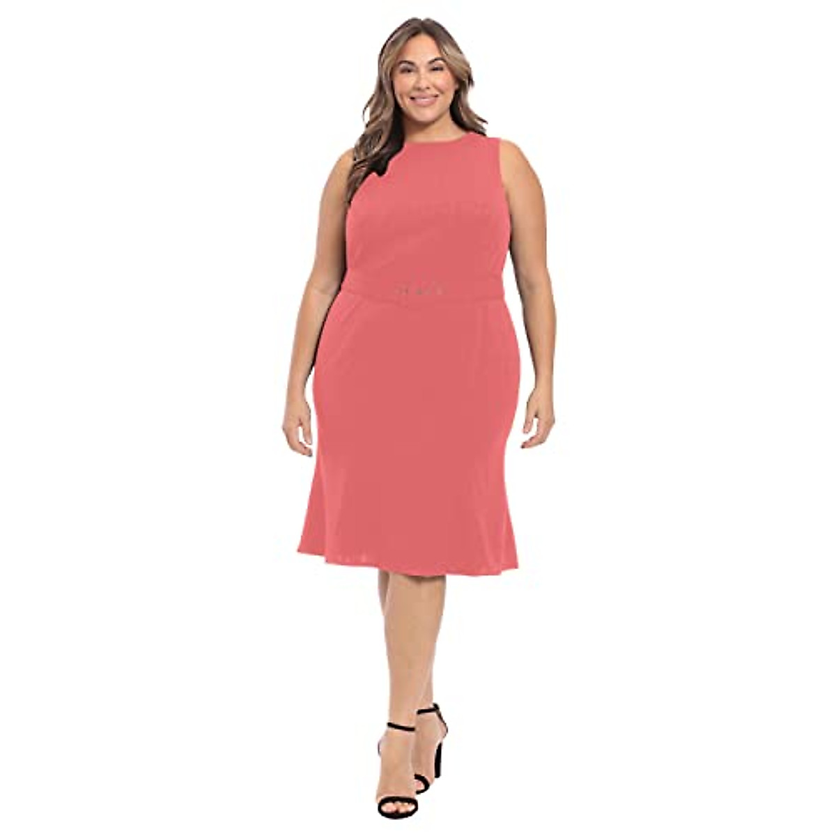 London Times Women's Plus Size Sleeveless Fluted Sheath with Belt, Dubarry Coral